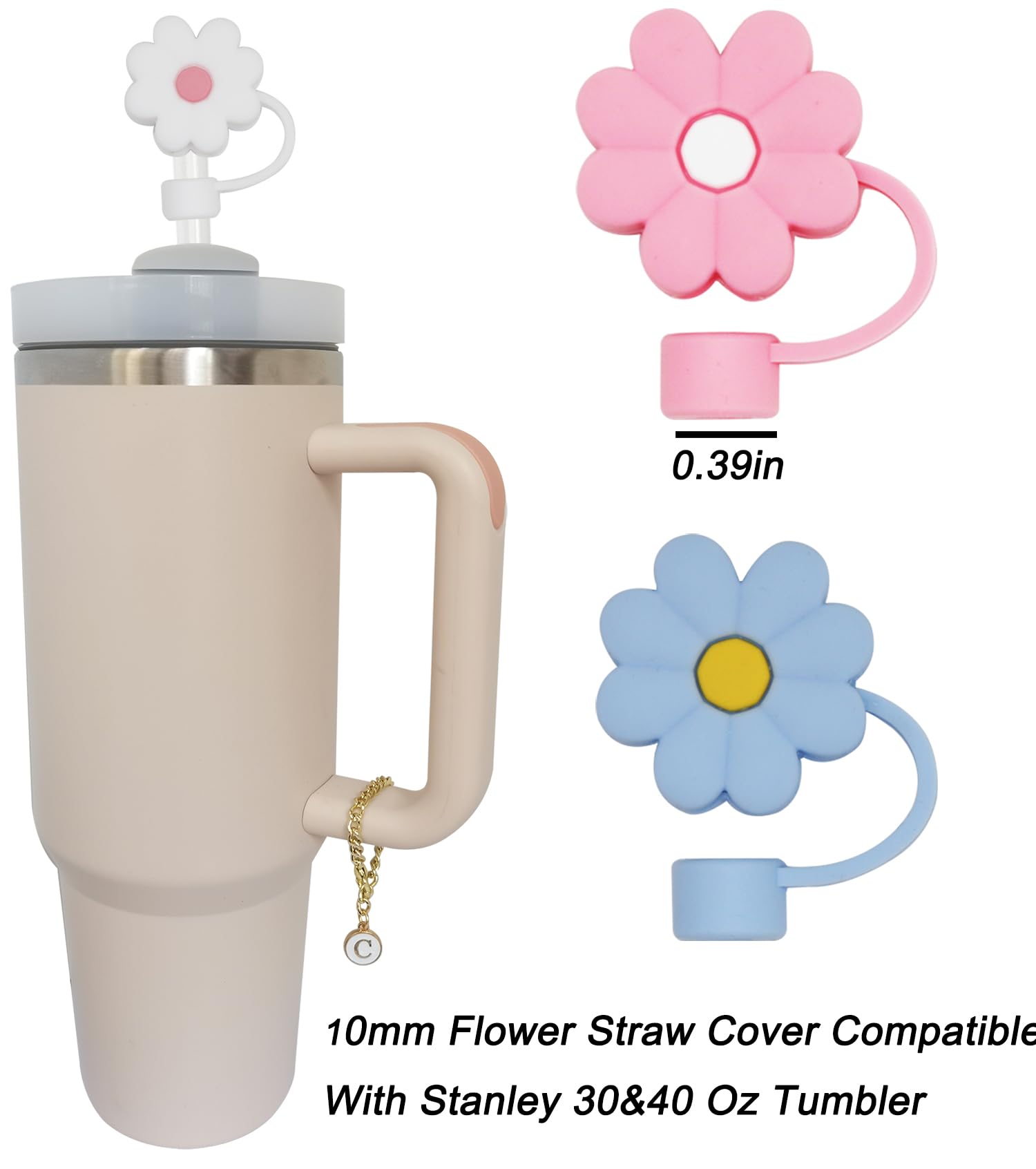 Altally 3PCS Straw Cover for Stanley Cup 30&40 Oz 10mm Flower Silicone Straw Topper Protector Lid with 2PCS Initial Personalized Letter Charm Stanley Tumblers Accessories (3pcs flowers+2pcs letter A)