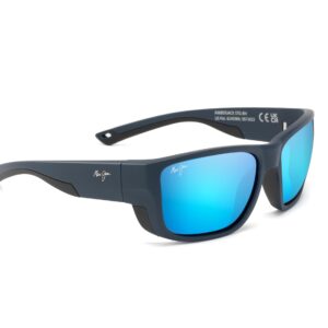 Maui Jim Amberjack Rectangle Sunglasses, Matte Dark Navy W/Black Rubber/Blue Hawaii Polarized, Medium