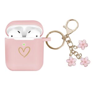 aiiekz compatible with airpods case cover, soft silicone case with gold heart pattern for airpods 2&1 generation case with cute cherry blossoms keychain for girls women (pink)