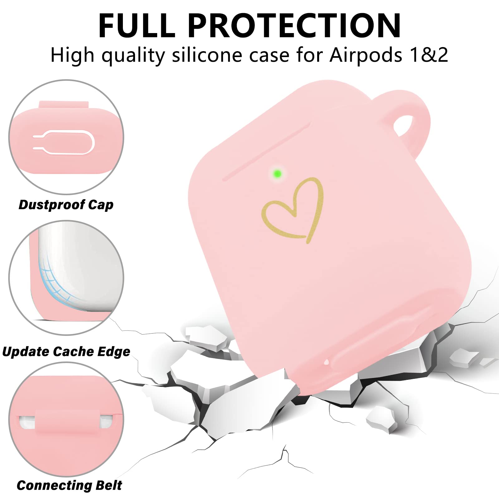 AIIEKZ Compatible with AirPods Case Cover, Soft Silicone Case with Gold Heart Pattern for AirPods 2&1 Generation Case with Cute Cherry Blossoms Keychain for Girls Women (Pink)