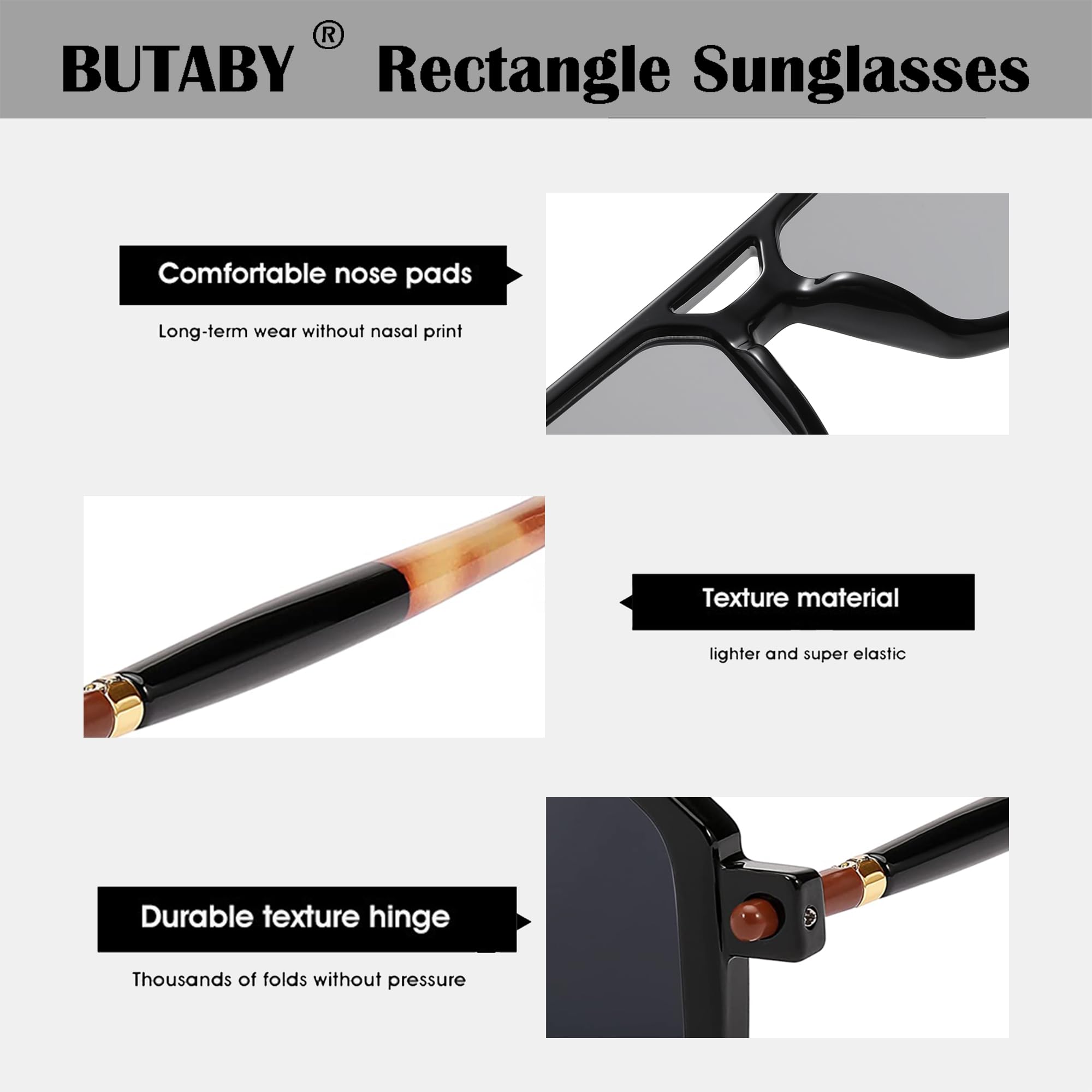 BUTABY Retro Square 70s Flat Aviator Sunglasses Women Men Vintage Trendy Plastic Frame Sun Glasses UV400 Protection Black & Tortoise