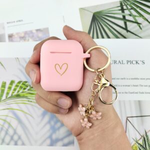 AIIEKZ Compatible with AirPods Case Cover, Soft Silicone Case with Gold Heart Pattern for AirPods 2&1 Generation Case with Cute Cherry Blossoms Keychain for Girls Women (Pink)