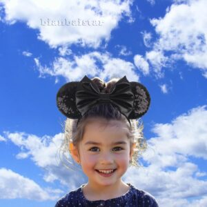 bianbaistar Mouse Ears Headband - Velvet Hair Bow Headwear with Sparkle Sequins for Women, Girls & Boys (Black Bow)