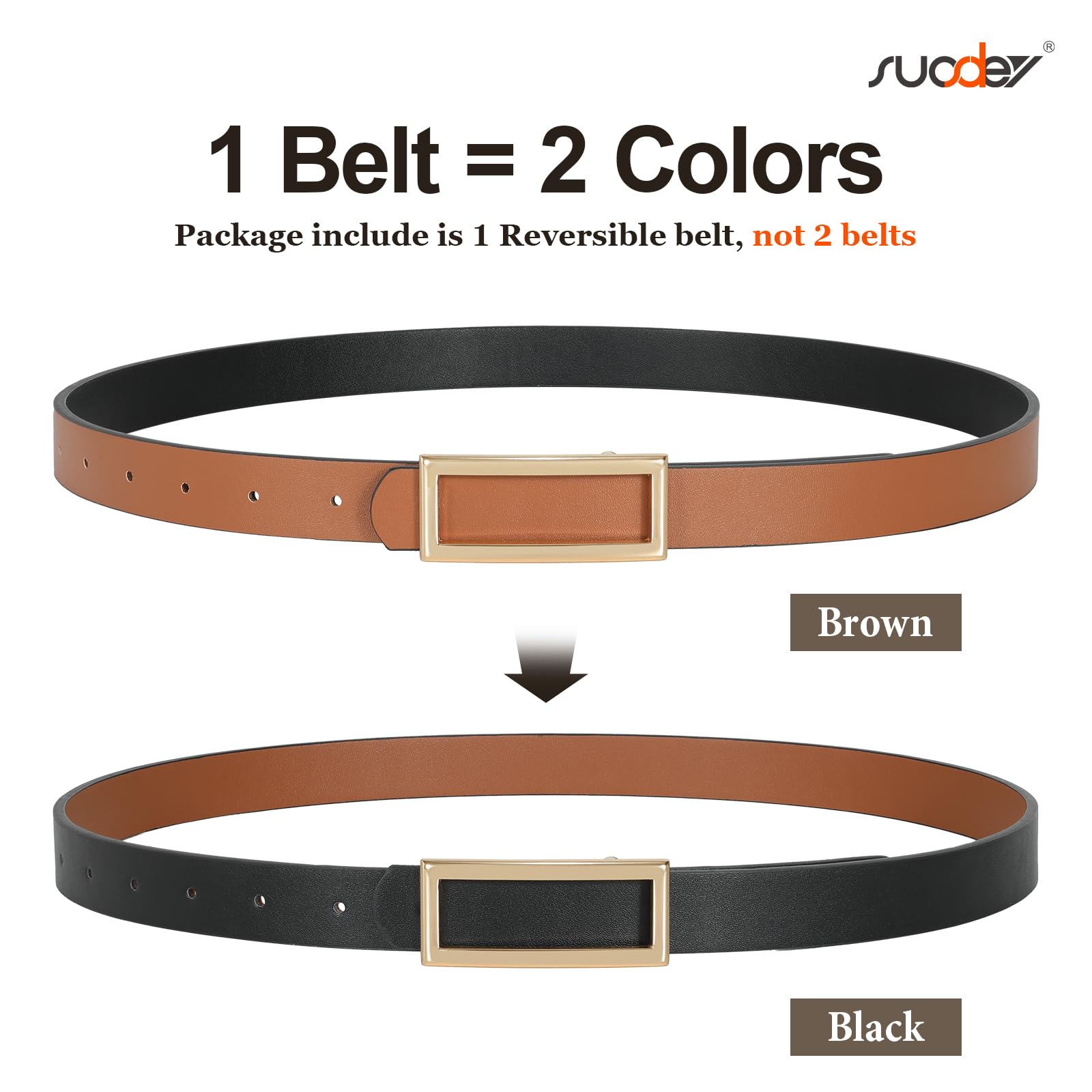 SUOSDEY Women Reversible Leather Belts for Jeans Pants Dresses Ladies Fashion Belts with Gold Buckle, 0.9" Width (Black/Brown)