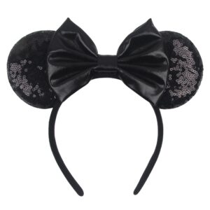 bianbaistar mouse ears headband - velvet hair bow headwear with sparkle sequins for women, girls & boys (black bow)