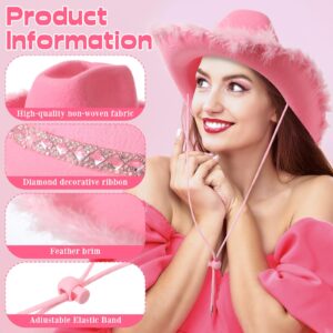 Unittype 6 Pcs Halloween Cowgirl Hat Feather Cowgirl Hat Cowgirl Hat for Women Bachelorette Themed Party Birthday(Pink,Diamond)