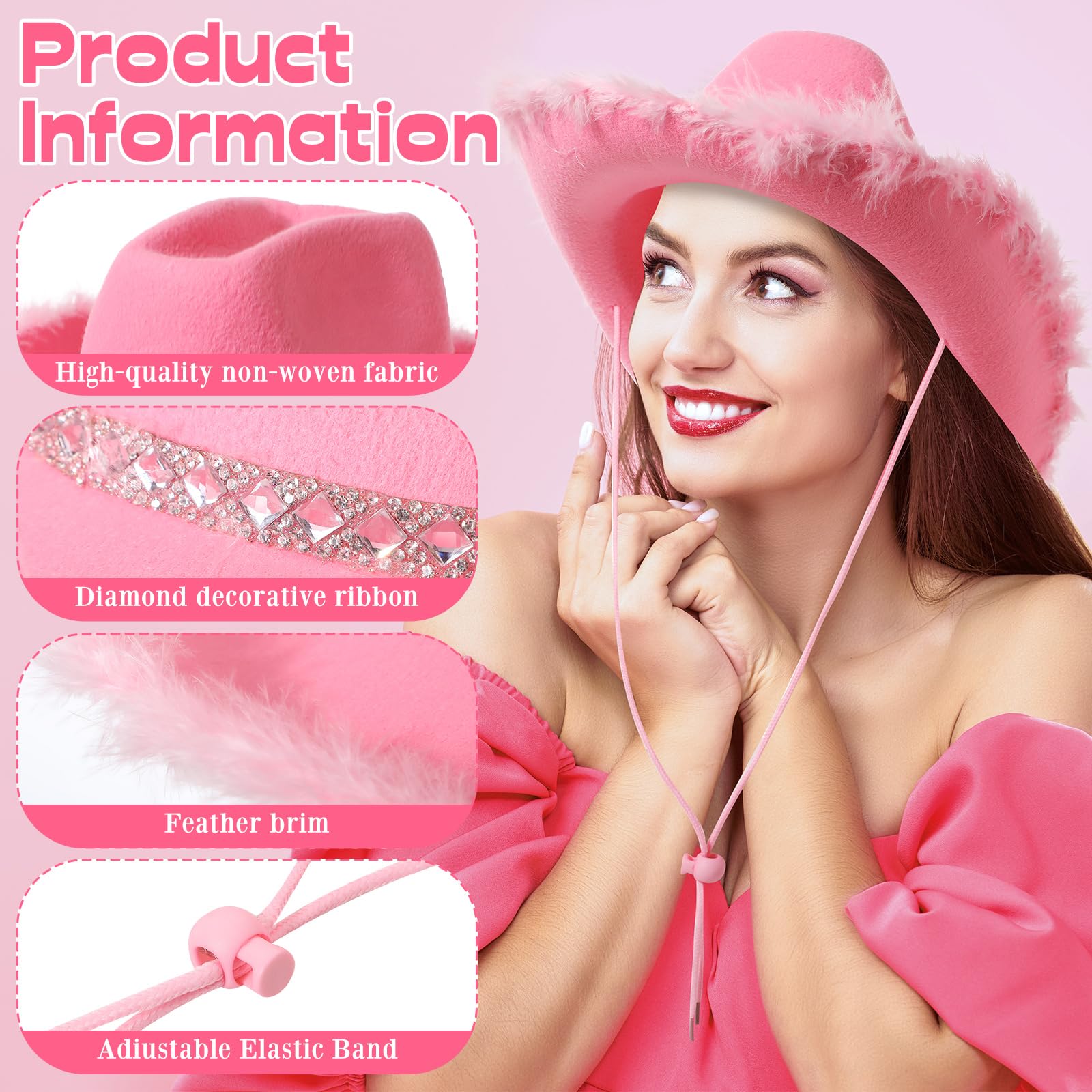 Unittype 6 Pcs Halloween Cowgirl Hat Feather Cowgirl Hat Cowgirl Hat for Women Bachelorette Themed Party Birthday(Pink,Diamond)