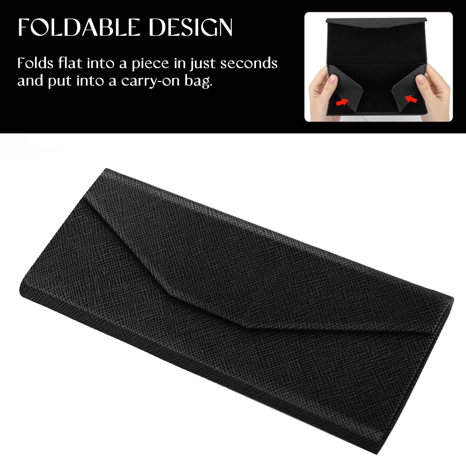 SOHUPAC Foldable Glasses Case With Clean Cloth, PU Portable Sunglasses Case, Magnetic Folding Hard Case Protection (Black)