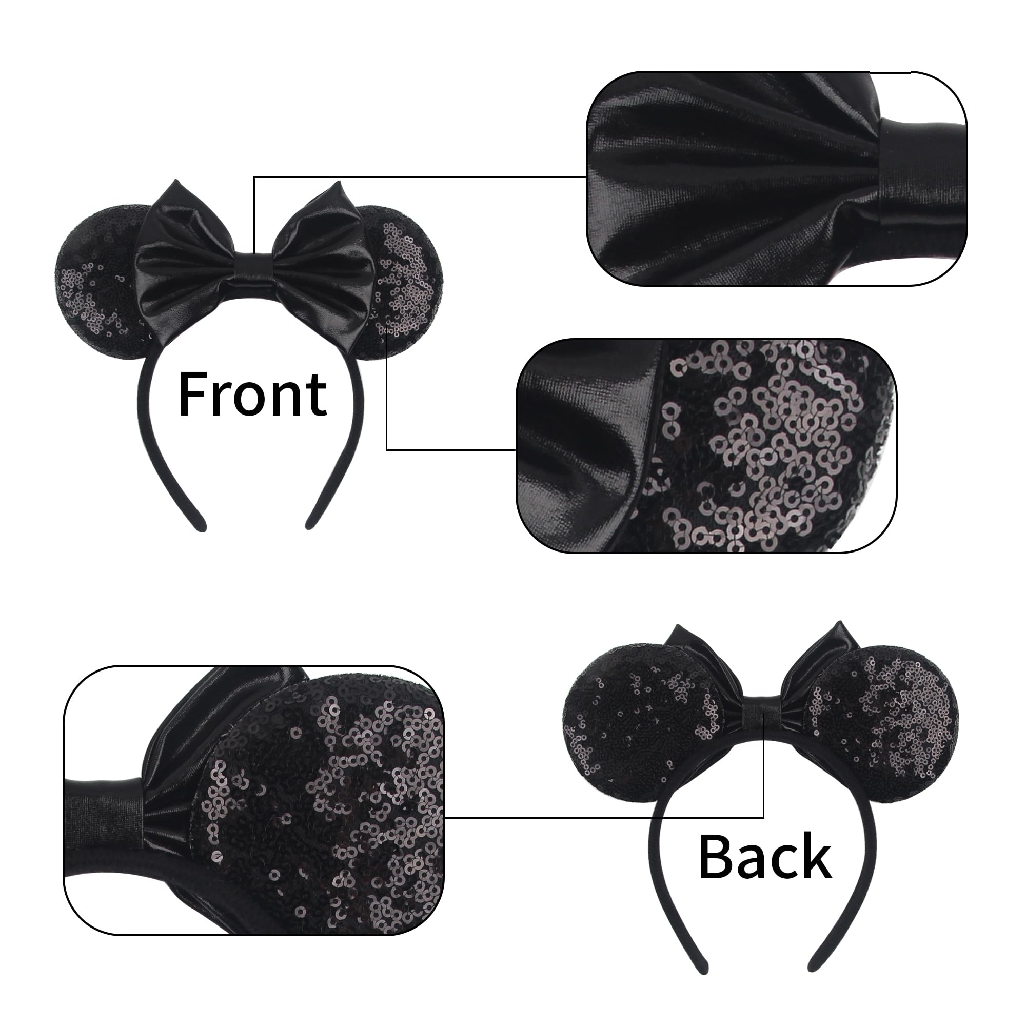 bianbaistar Mouse Ears Headband - Velvet Hair Bow Headwear with Sparkle Sequins for Women, Girls & Boys (Black Bow)