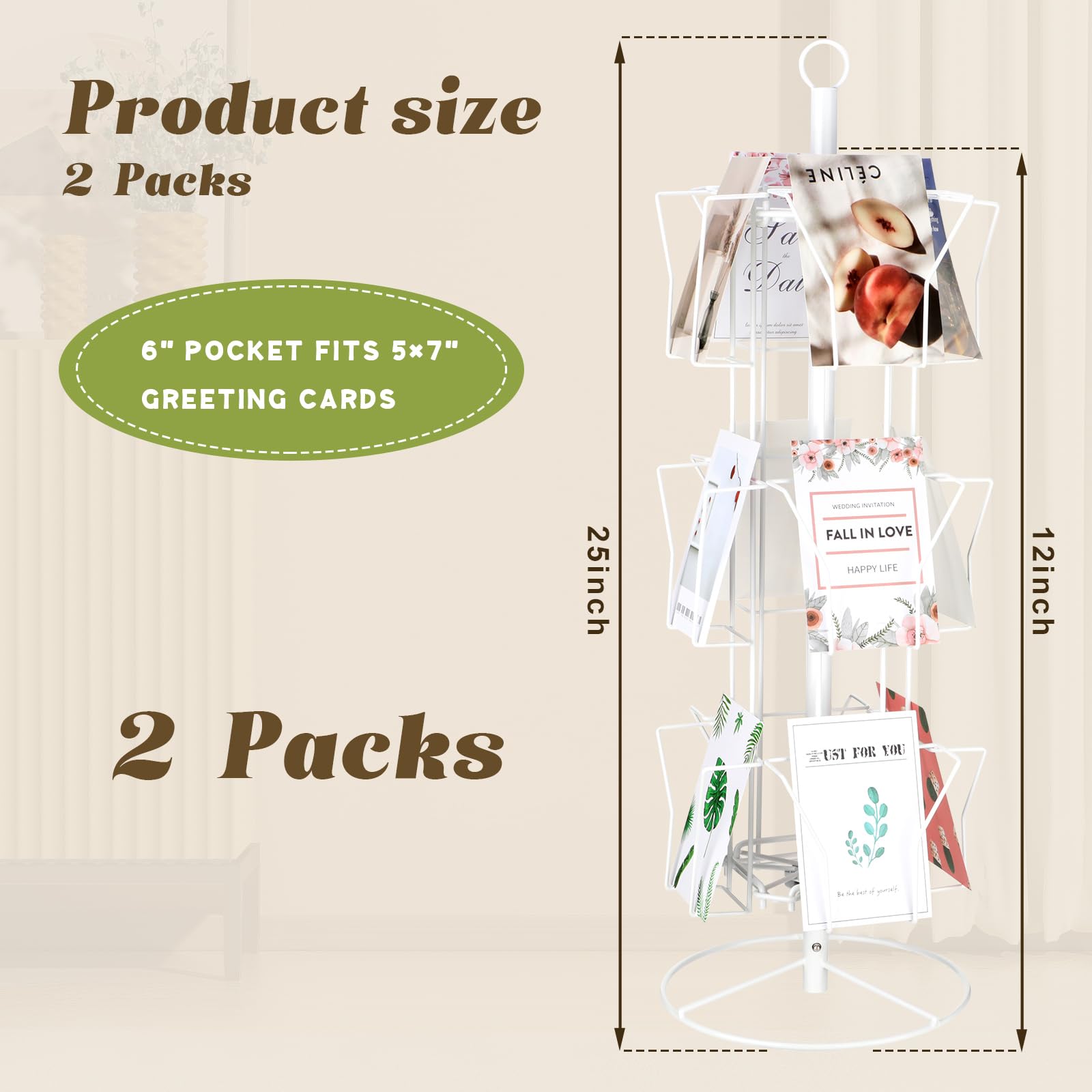 Gisafai 2 Pcs Rotating Countertop Greeting Card Rack White 25'' H x 12'' D 24 Pockets Total Business Metal Wire Rotating Book Rack with Sign Clip for Thrift Retail Grocery Convenience Stores, 3 Tiers