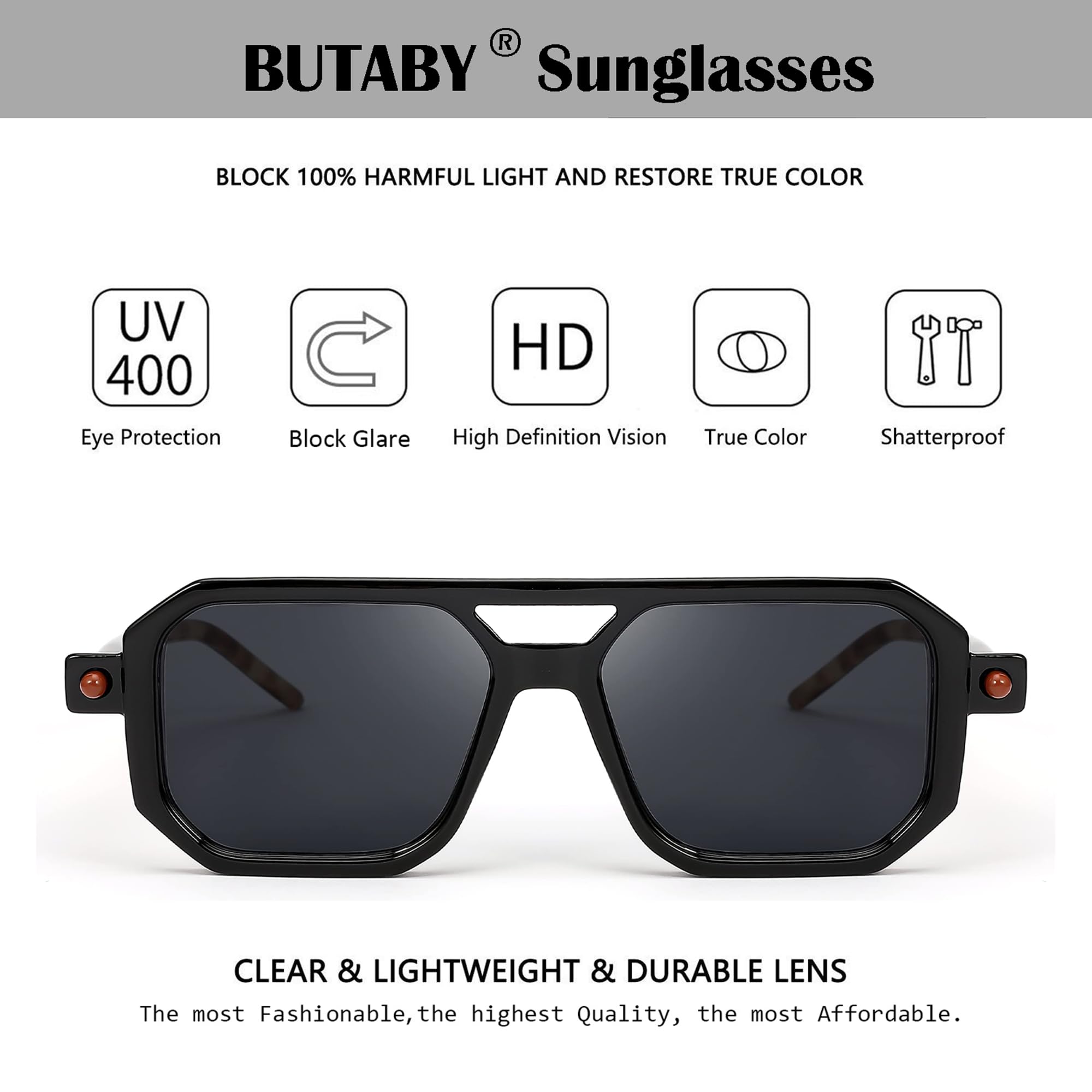 BUTABY Retro Square 70s Flat Aviator Sunglasses Women Men Vintage Trendy Plastic Frame Sun Glasses UV400 Protection Black & Tortoise