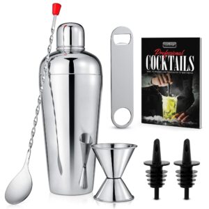 nutrichef bartender set 7 piece - includes cocktail shaker mixer, essential bar accessories, 2 bottle pourers, bar mixer spoon, jigger & 50 recipe booklet - essential martini making kit - drink mixing