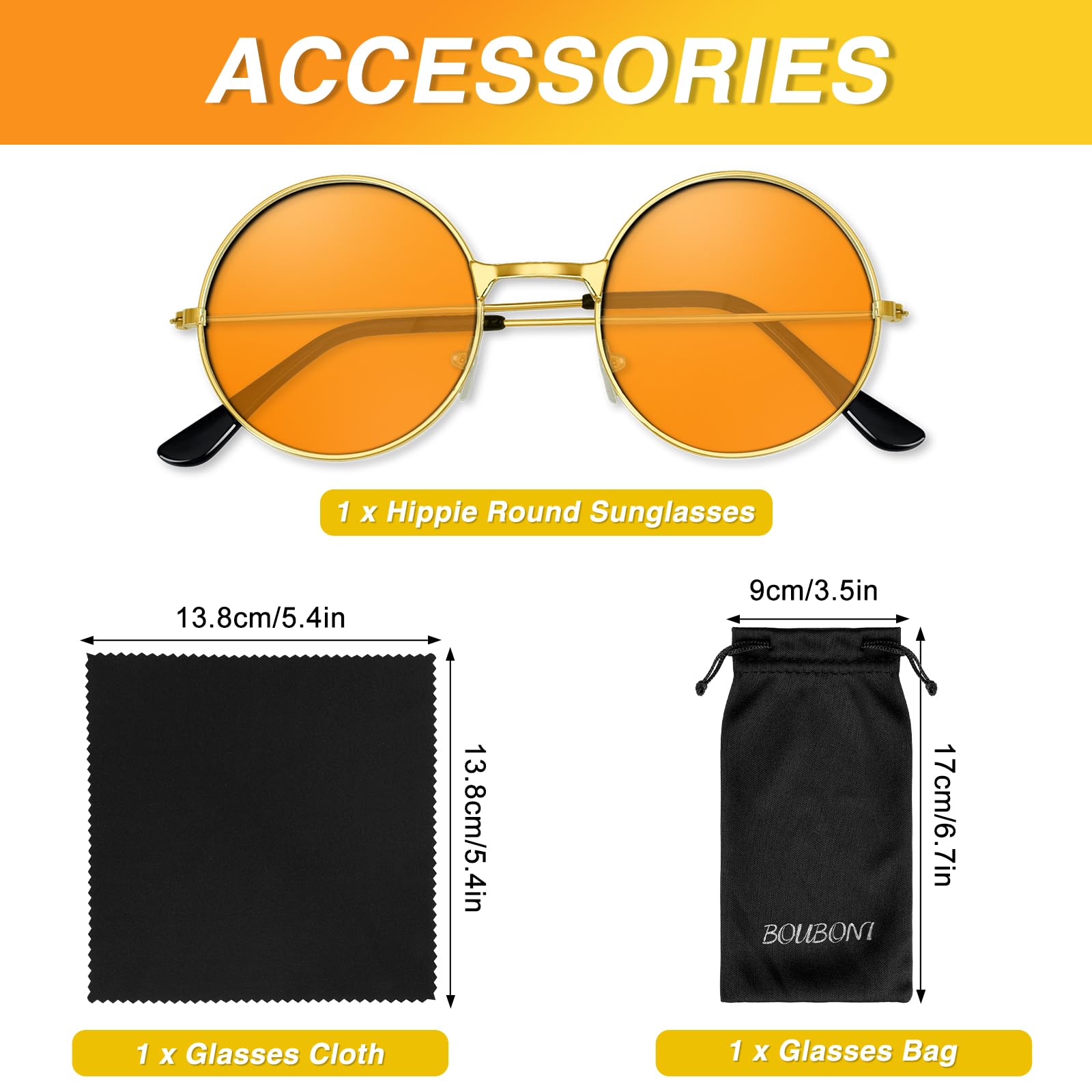 BOUBONI Orange Hippie Sunglasses Round Hippie Glasses 60s 70s Outfits Groovy Party Decorations Sunglasses for Women Men with Glasses Cloth and Glasses Bag for Disco Party Favors