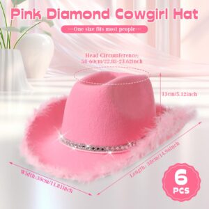 Unittype 6 Pcs Halloween Cowgirl Hat Feather Cowgirl Hat Cowgirl Hat for Women Bachelorette Themed Party Birthday(Pink,Diamond)