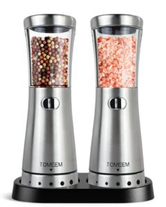 electric salt and pepper grinder set with storage base, stainless steel rechargeable salt and pepper grinder set with 4.5 oz large capacity, 1.8" wide mouth, adjustable coarseness, ideal for kitchen