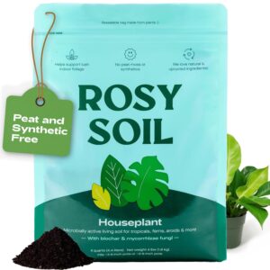 rosy soil indoor potting soil for house plants - organic potting soil mix for indoor plants -enriched w/root-boosting biochar for foliage plants, flowers, herbs - peat free house plant soil - 4qt