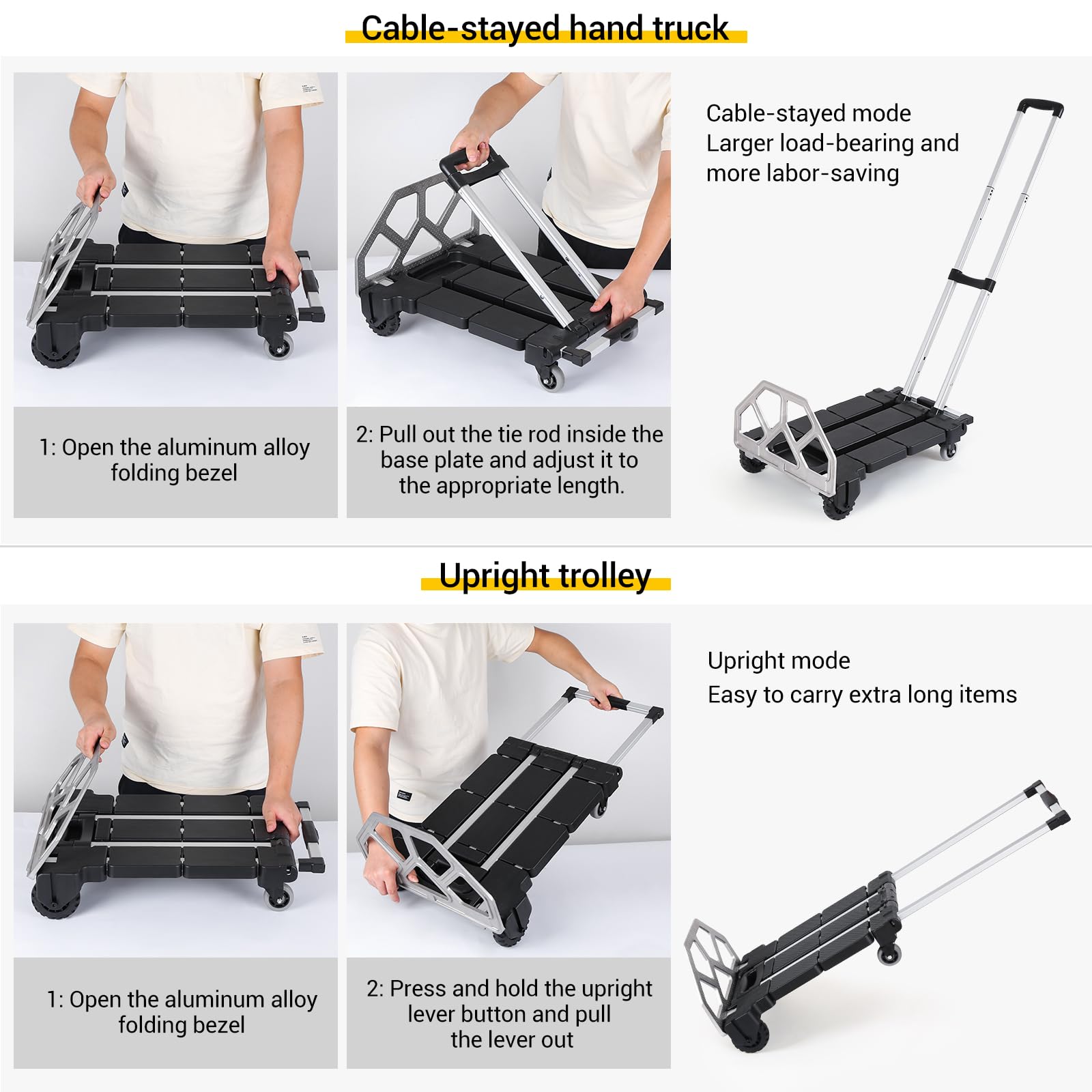 XCBYT Folding Hand Truck, 3 in 1 Foldable Hand Truck Heavy Duty 330 LB Portable Dolly Cart with 4 Wheels & 2 Elastic Ropes Convertible Hand Truck for Moving Office Home