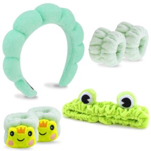 velscrun 6 pack spa headbands and hair accessories set - makeup, face washing, skincare wristbands with green sponge bow ties for women gifts