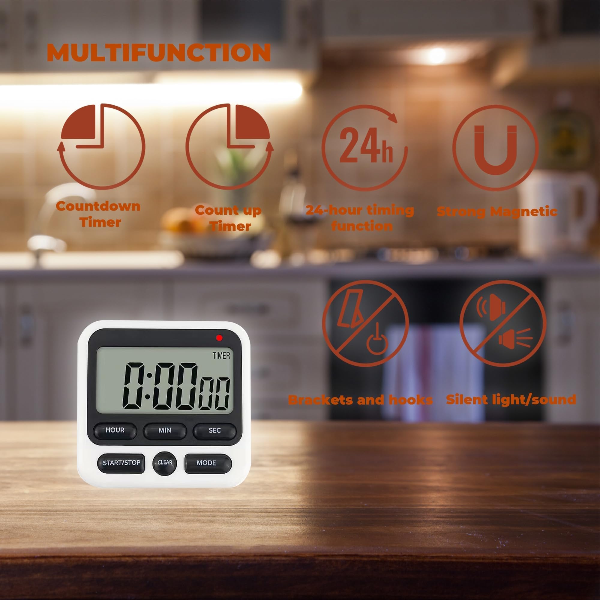 NKOVE Digital Kitchen Timer 24 Hour Clock and Alarm Function with Silent or Alarm Manual Switching Count UP or Down and Memory Function Black