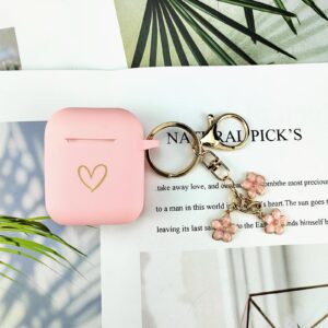 AIIEKZ Compatible with AirPods Case Cover, Soft Silicone Case with Gold Heart Pattern for AirPods 2&1 Generation Case with Cute Cherry Blossoms Keychain for Girls Women (Pink)