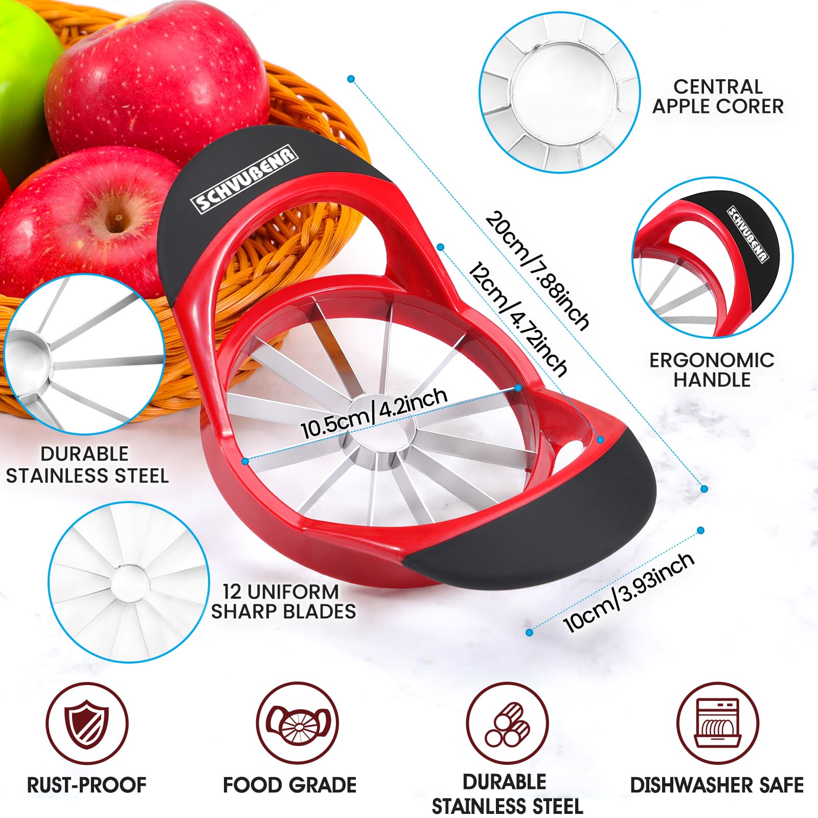 SCHVUBENR 4.72 Inch Large Apple Slicer with 12 Blades - Professional Apple Cutter - Stainless Steel Apple Corer - Sharp Apple Slicer and Corer - Apple Corer Tool - Dishwasher Safe(Red)