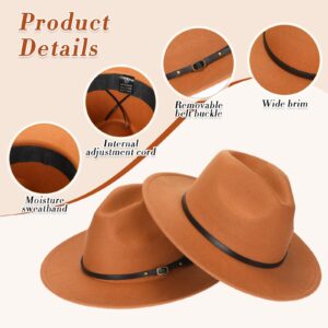 Sureio 16 Pcs Winter Fedora Hat Wide Brim Hat with Belt Buckle Woolen Flat Brim Hats for Women Costume Outfit Accessories (Camel)