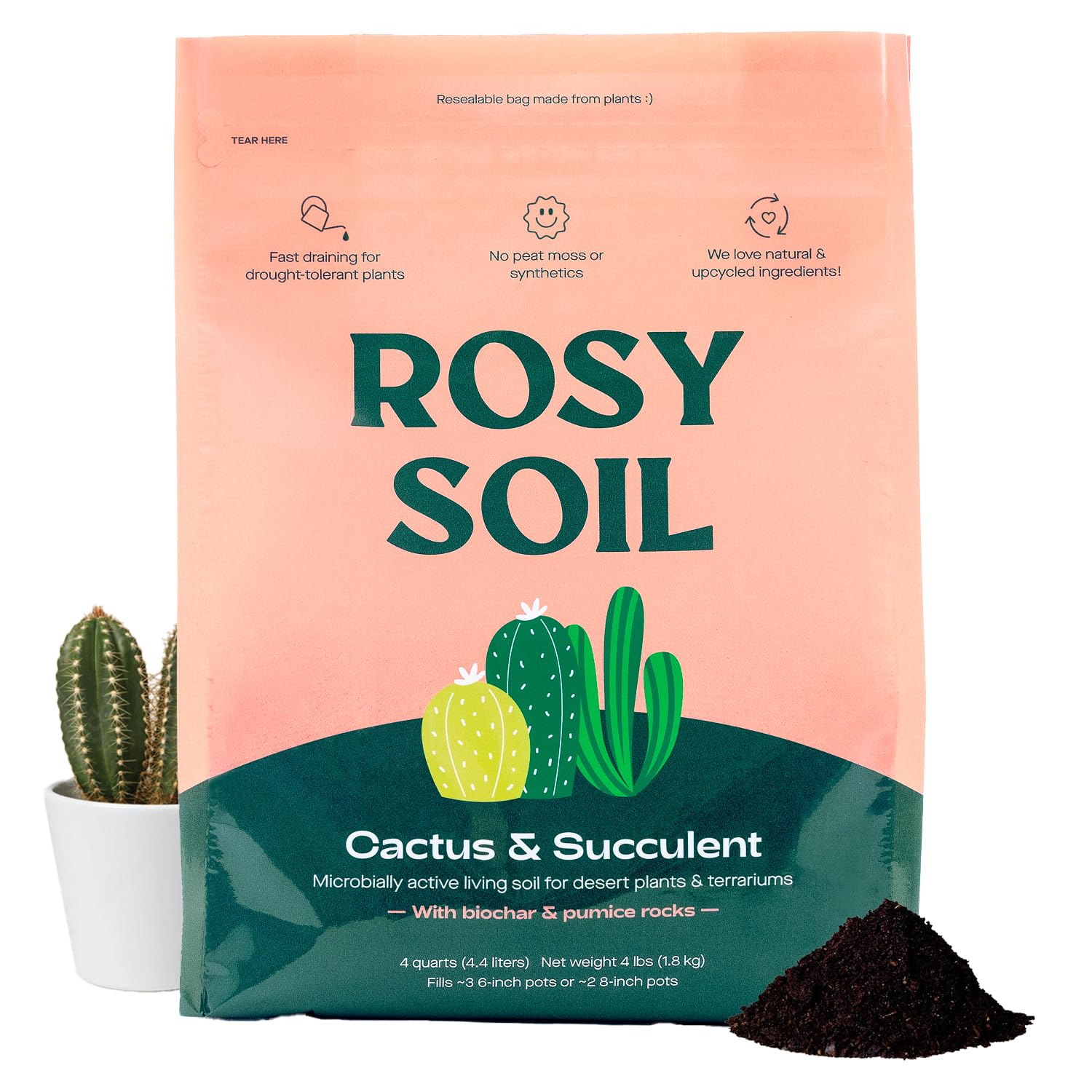 Cactus and Succulent Organic Potting Soil Mix for House Plants - Fast Draining, Root Boosting, Peat-Free Soil for Drought Tolerant Growth of Aloe Vera, Cacti and Indoor Succulents Plants - 4 qt