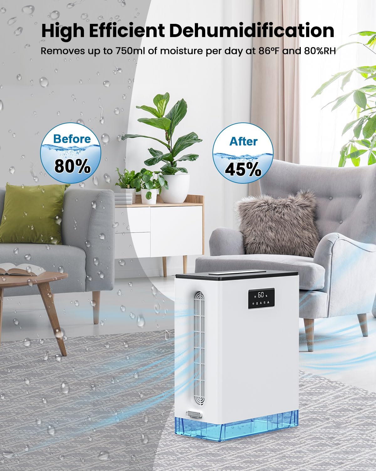 BIZEWO Dehumidifier for Home, Queit Dehumidifiers for Basement, Bathroom, Bedroom with 101 oz Water Tank, Large Room Dehumidifier with 2 Working Mode, Auto Shut Off, 7 Colors LED Light