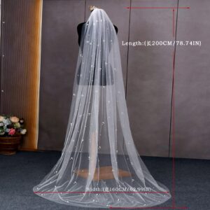 Mopmap 1 Tier Bridal Wedding Veil Pearl Chapel Length Tulle Hair Accessories with Comb (off white 78.7 * 62.9inches)