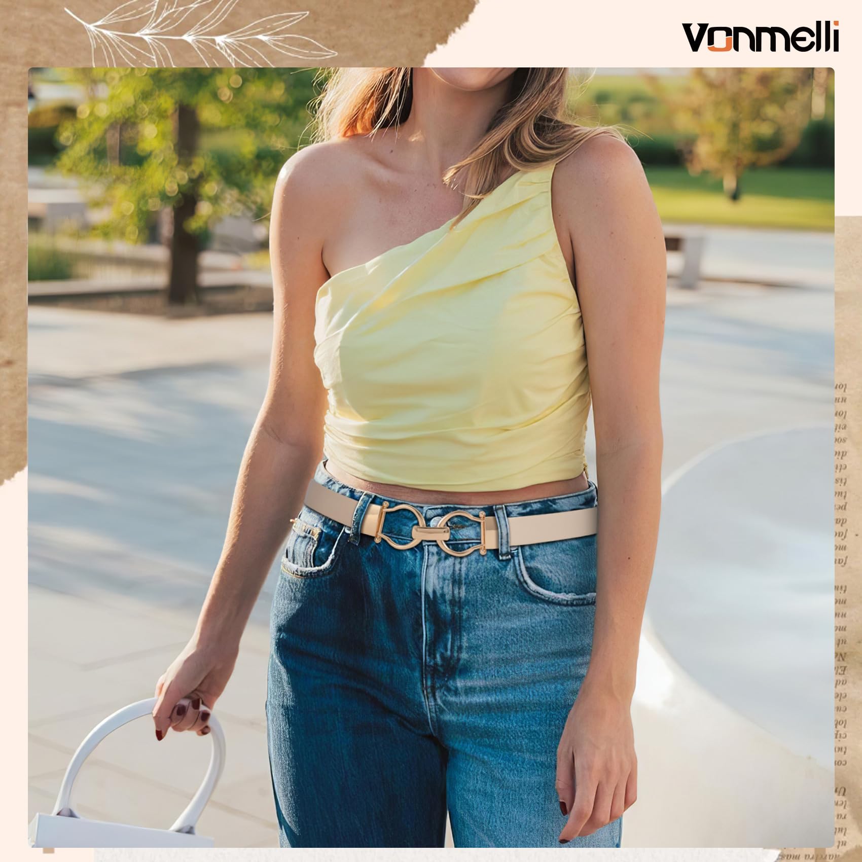 VONMELLI 2 Pack Women's Leather Belts for Jeans Dress Pants Fashion Gold Buckle Ladies Skinny Belt Black Beige