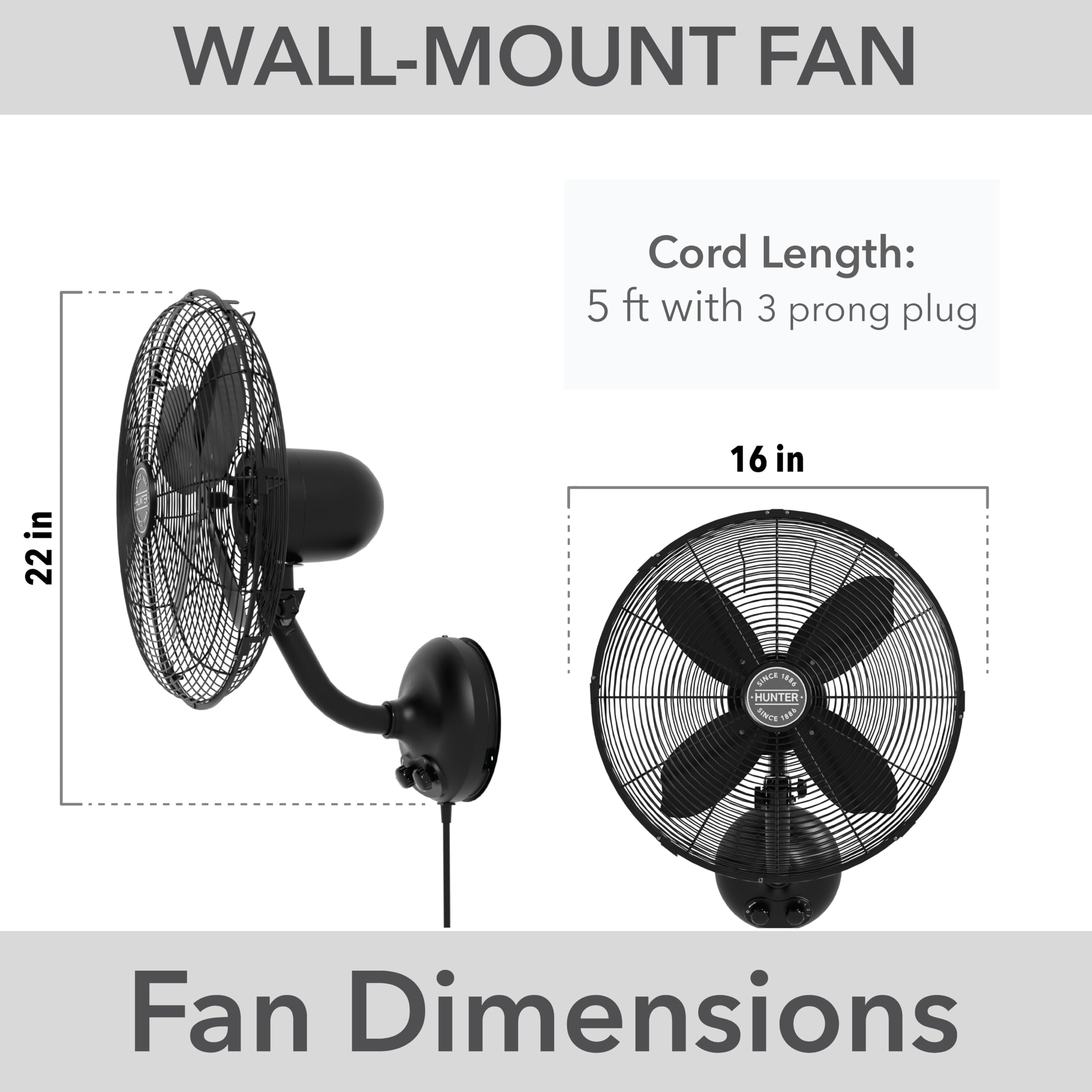 Hunter Fan Company Classic 16 in. 3 Speed Wall Fan in Matte Black with Oscillation and Adjustable Head