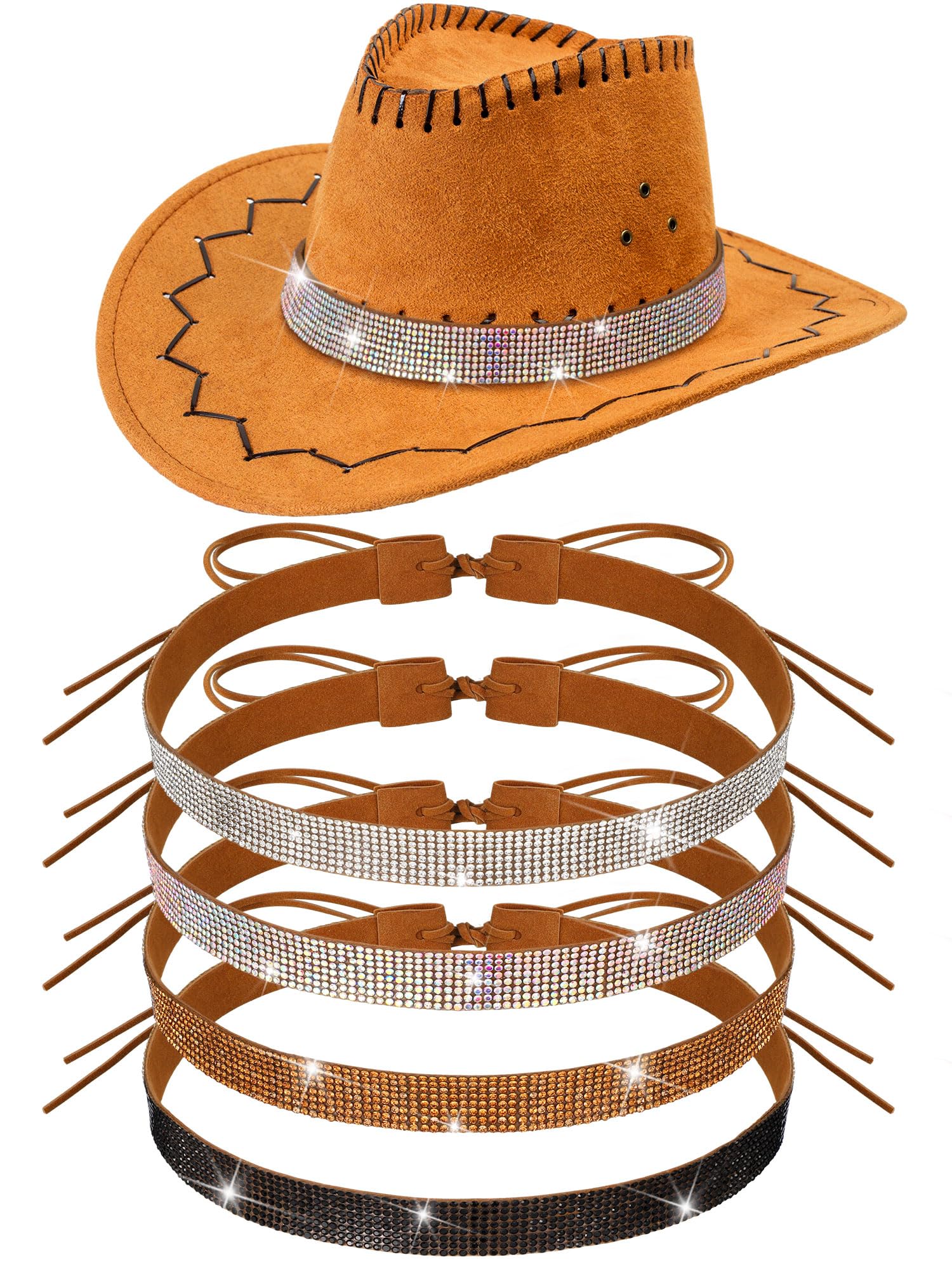 Riceshoot 4 Pcs Bling Rhinestone Hat Band Cowboy Hatband Adjustable Cowgirl Hat Belt Western Style Hat Jewelry for Women Men (Colorful)