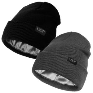 2 pack satin lined beanie hats for men women winter warm knitted cuffed silk lined slouchy skull cap