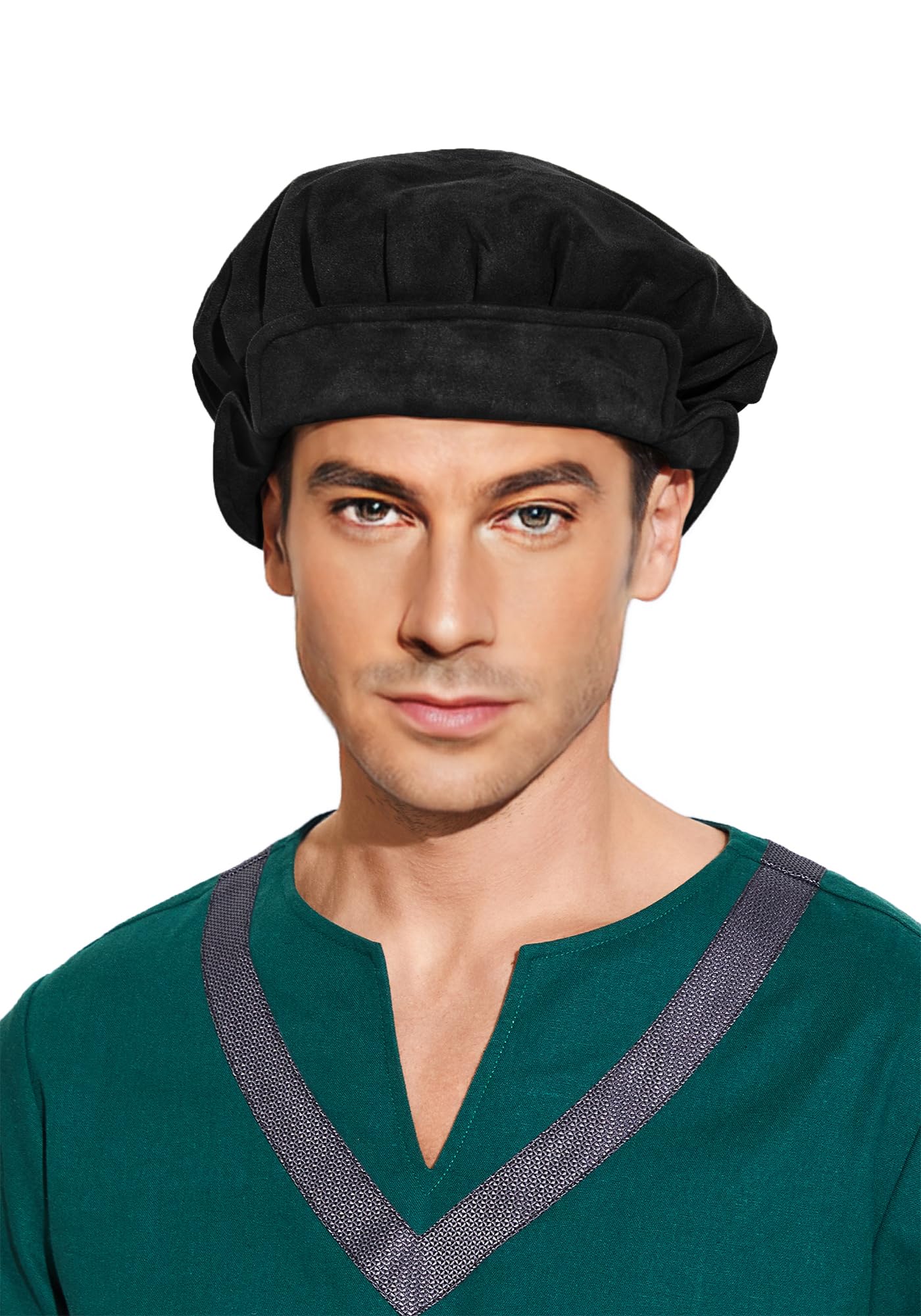 FURPHI Medieval Beret Cap for Men Women Faux Suede Hat Christmas Costume Renaissance Faire Accessories(Dark)