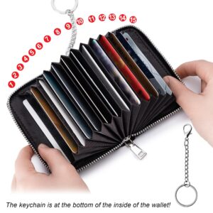 Credit Card Holder RFID Wallet,Women Small Card Wallet Leather Organizer Case,Pocket Business Card Case with Zipper & Keychain(Black)