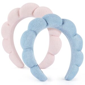 diyjibb spa headbands for women ladies- puffy makeup headband combo pack- set of 2 terry towel cloth fabric hair bands for washing face (pink & blue)