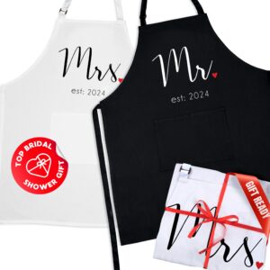 prazoli his and her aprons - mr mrs established 2024 couples engagement gift, cute bridal shower gift anniversary wedding registry items & decoration, housewarming gifts for new home newlywed gift