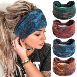 fulztey fashion boho headbands for women knotted wide hair bands soft fabric bandanas non slip elastic headwrap workout sport sweat turban stylish hair accessories for teen girls 4pcs