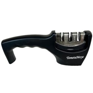 tometamoye kitchen knife sharpener - professional 3 stage manual sharpeners - ergonomic handle and non-slip base - safe sharpening tool - easily honing knives in a breeze, black.