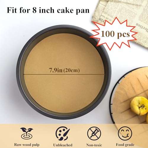 DISSKNIC 8 Inch Parchment Paper Rounds, 100 PCS Unbleached and Non Stick Baking Parchment Rounds, Precut Round Parchment Paper for Baking Sheets Round, Cake Pans, Springform Pan, Steamer