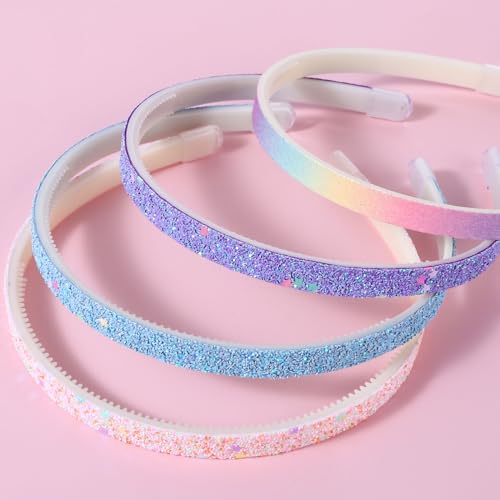 WLLHYF Glitter Headband, 4pcs Plastic Sparkly Cute Non Slip Chunky Hairbands, Thick Bling Confetti Rainbow Hair Bands with Teeth, Little Girls Colorful Hair Accessories