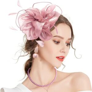 4 PCS Fascinators Hat Kentucky Derby Hats Wedding Cocktail Tea Party Headwear with Lace Gloves Pearl Necklace Earrings (Pink)