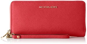 michael kors jet set travel continental zip around leather wallet wristlet (bright red)