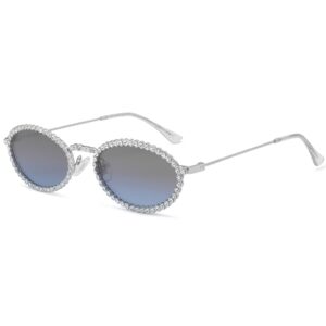 SOJOS Retro Oval Rhinestone Skinny Sunglasses for Women 90s Styles Bling Hippie Disco Trendy Sun Glasses Small Face SJ1205