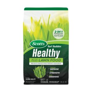 scotts turf builder healthy plus lawn food, 2-in-1 fungicide and fertilizer, helps grass withstand summer stress, 4,000 sq. ft., 13.70 lbs.