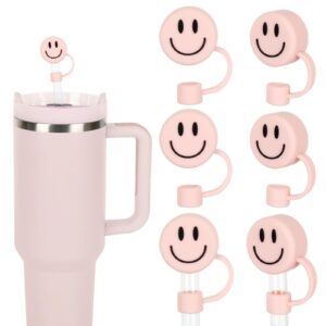 whaline 6pcs smile face straw covers light pink double sided pattern straw tip covers 0.4 inch silicone reusable round straw topper for 30 & 40 oz tumbler with handle