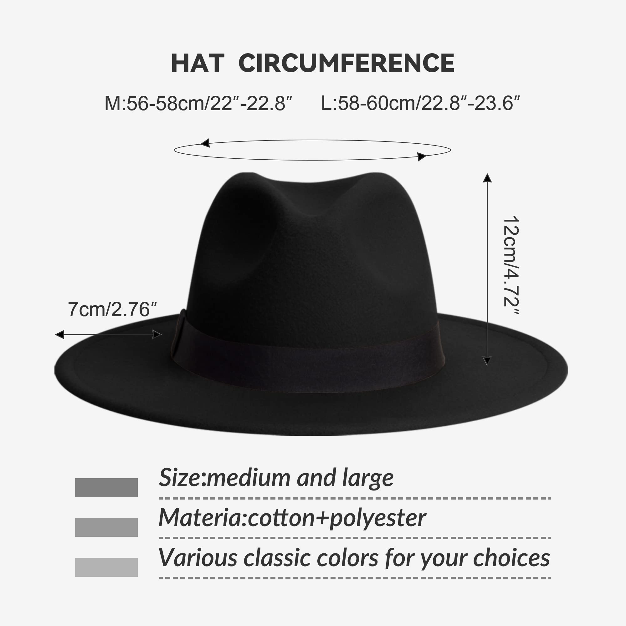 Wide Brim Fedora Hats for Women & Men Classic Dress Panama Hat Adjustable Felt Hat with Band