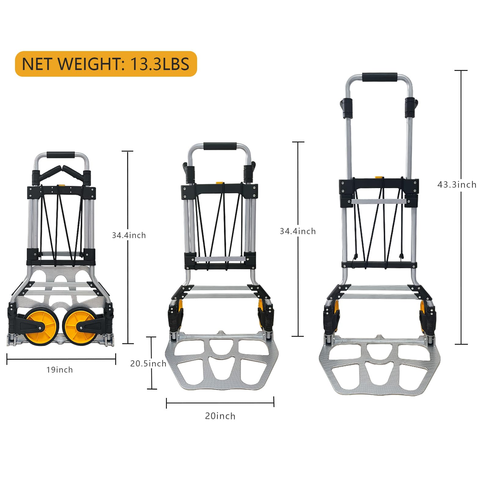 LAKEEN Trolleys，Heavy Duty Dolly cart 440 lb Capacity Aluminum Portable Cart with 7 inch Rubber Silent Wheels and Bungee Cord for Moving,Luggage Handling.