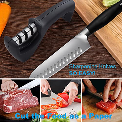 TometaMoye Kitchen Knife Sharpener - Professional 3 Stage Manual Sharpeners - Ergonomic Handle and Non-slip Base - Safe Sharpening Tool - Easily Honing Knives in a Breeze, Black.