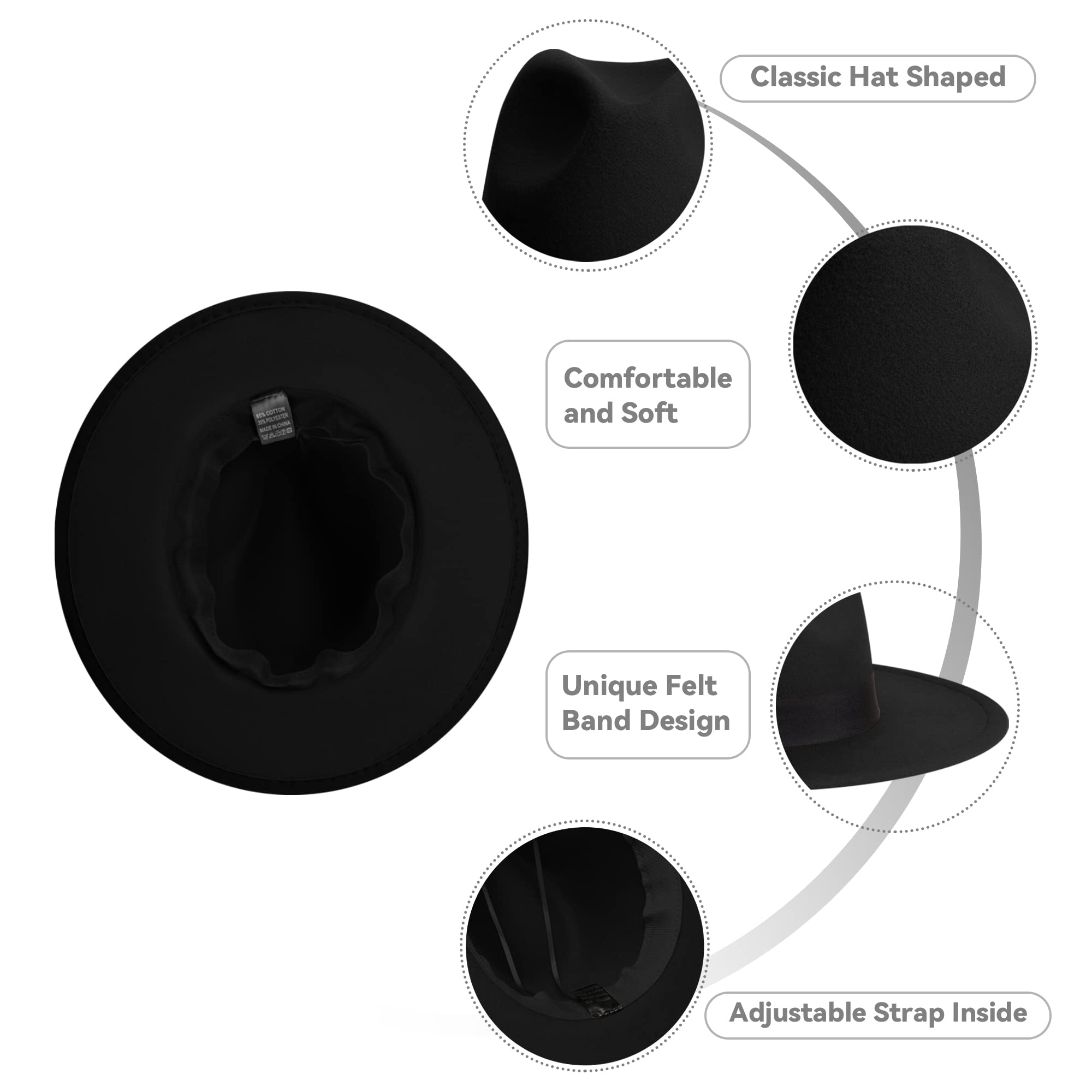 Wide Brim Fedora Hats for Women & Men Classic Dress Panama Hat Adjustable Felt Hat with Band